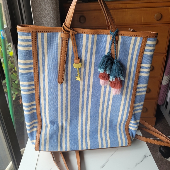 Fossil | Bags | Fossil Blue And Tan Backpack With Timeless Design ...